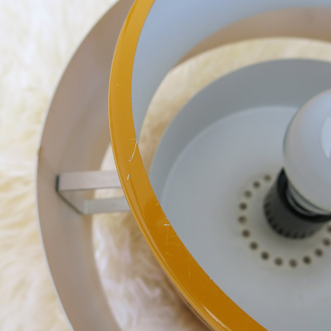 A yellow Rainbow Line Juno pendant light by Jo Hammerborg for Fog & Mørup