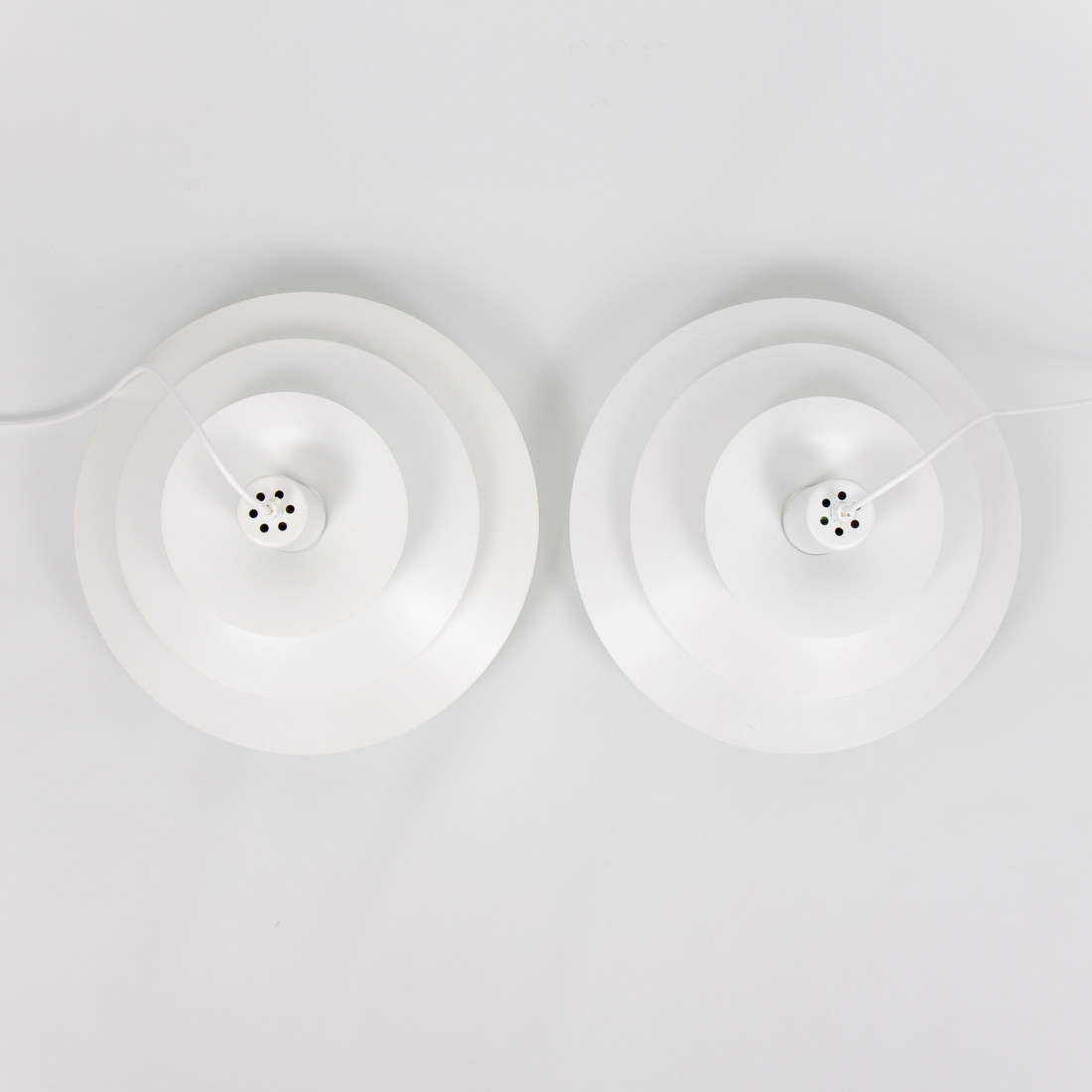 Classic Danish modern multilayered pendant lamp pair by Jeka Metaltryk