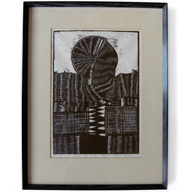 Vintage 60 s/70 s framed abstract woodcut print